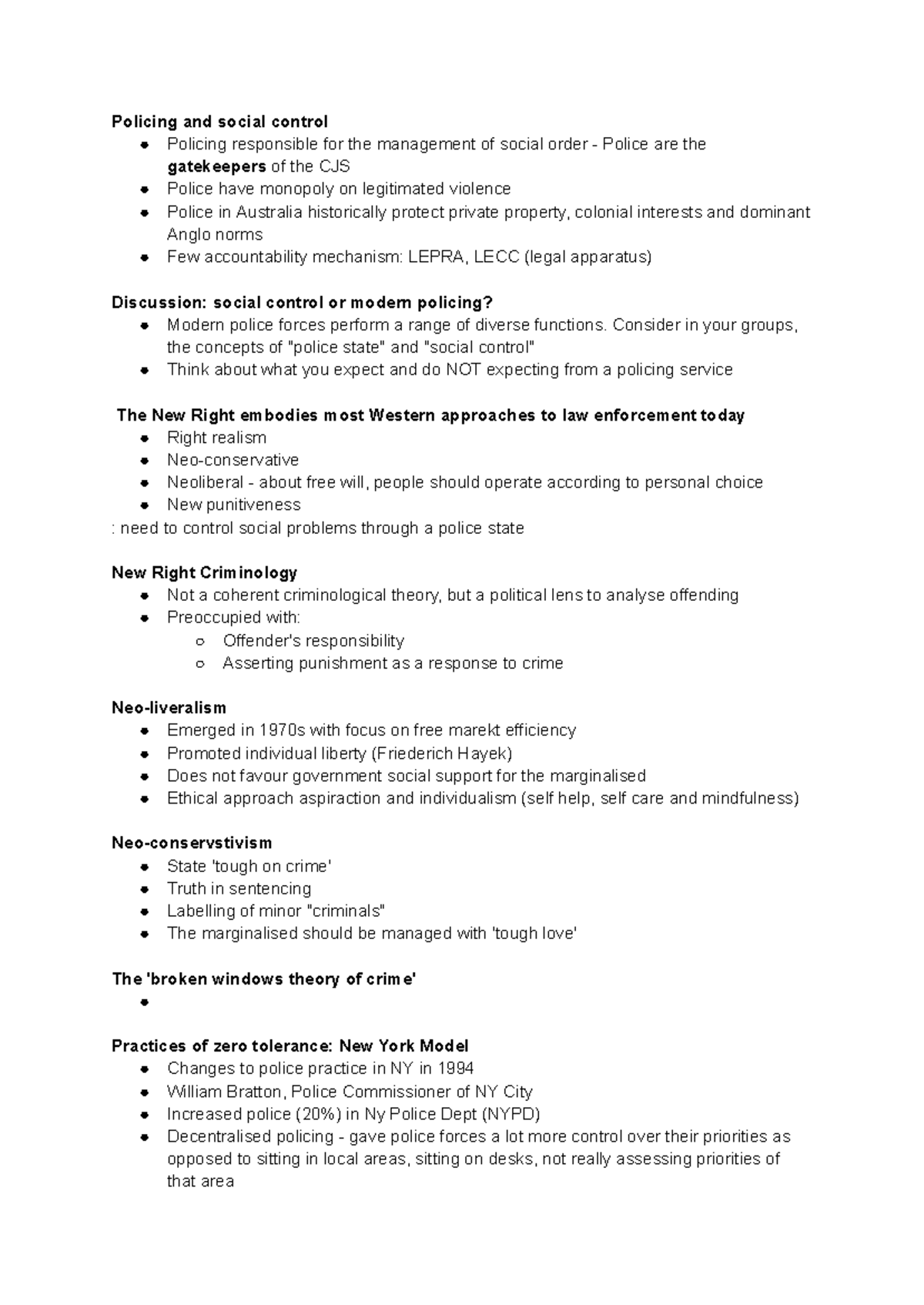 Crim notes week 4 - Policing and social control Policing responsible ...