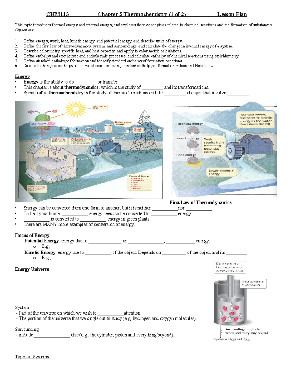 Ch 5 Lesson Plan FA2023 - CHM113 Chapter 5 Thermochemistry (1 of 2 ...