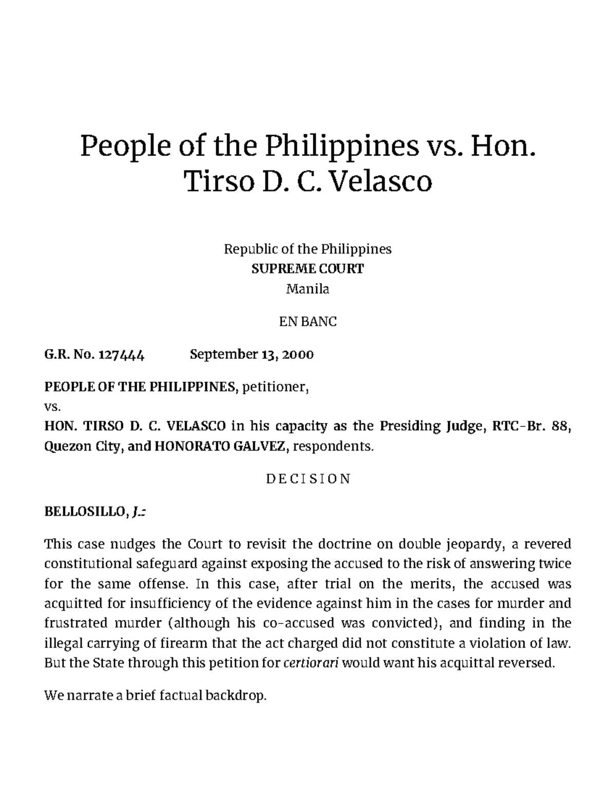 People of the Philippines vs. Hon. Tirso D. C. Velasco Supra Source ...