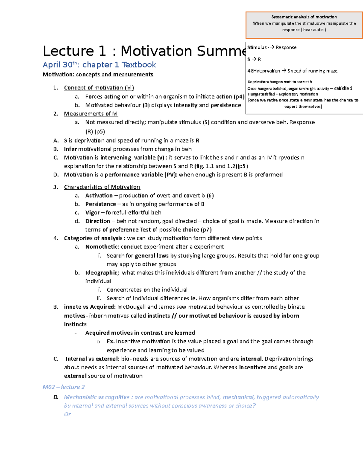 Motivation Notes (Summer) Chapter 1-5 - Lecture 1 : Motivation Summer ...