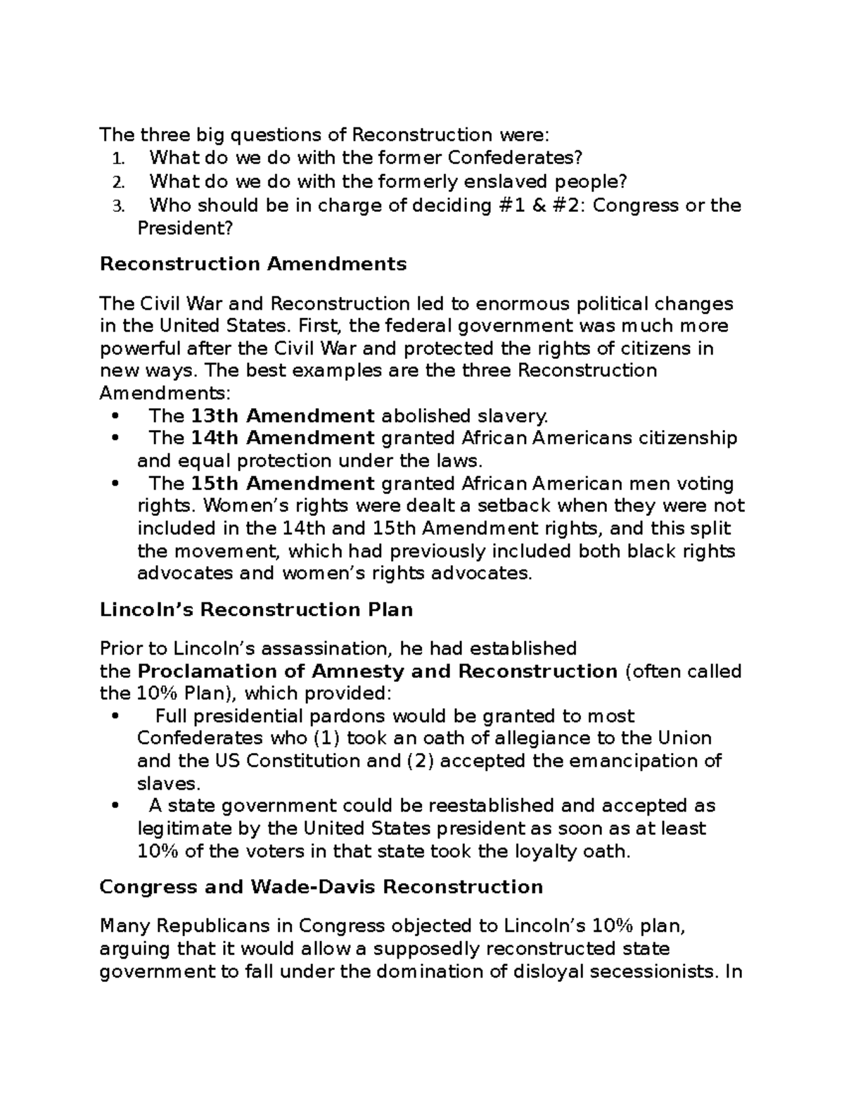 5.10 Reconstruction - The three big questions of Reconstruction were: 1 ...