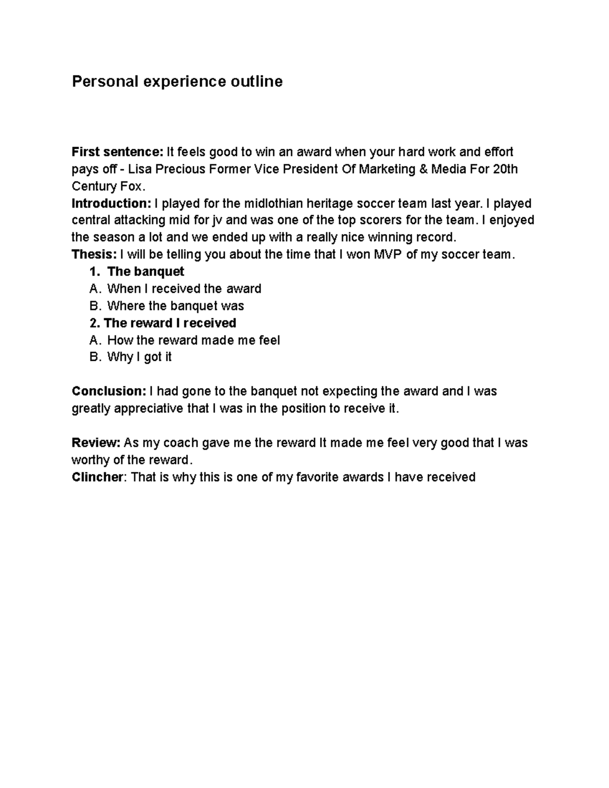 Personal experience outline - Personal experience outline First ...
