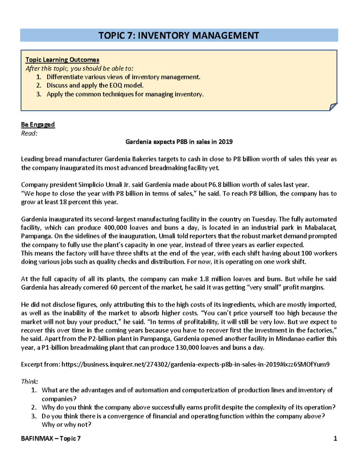 7 Inventory management - TOPIC 7: INVENTORY MANAGEMENT Be Engaged Read ...