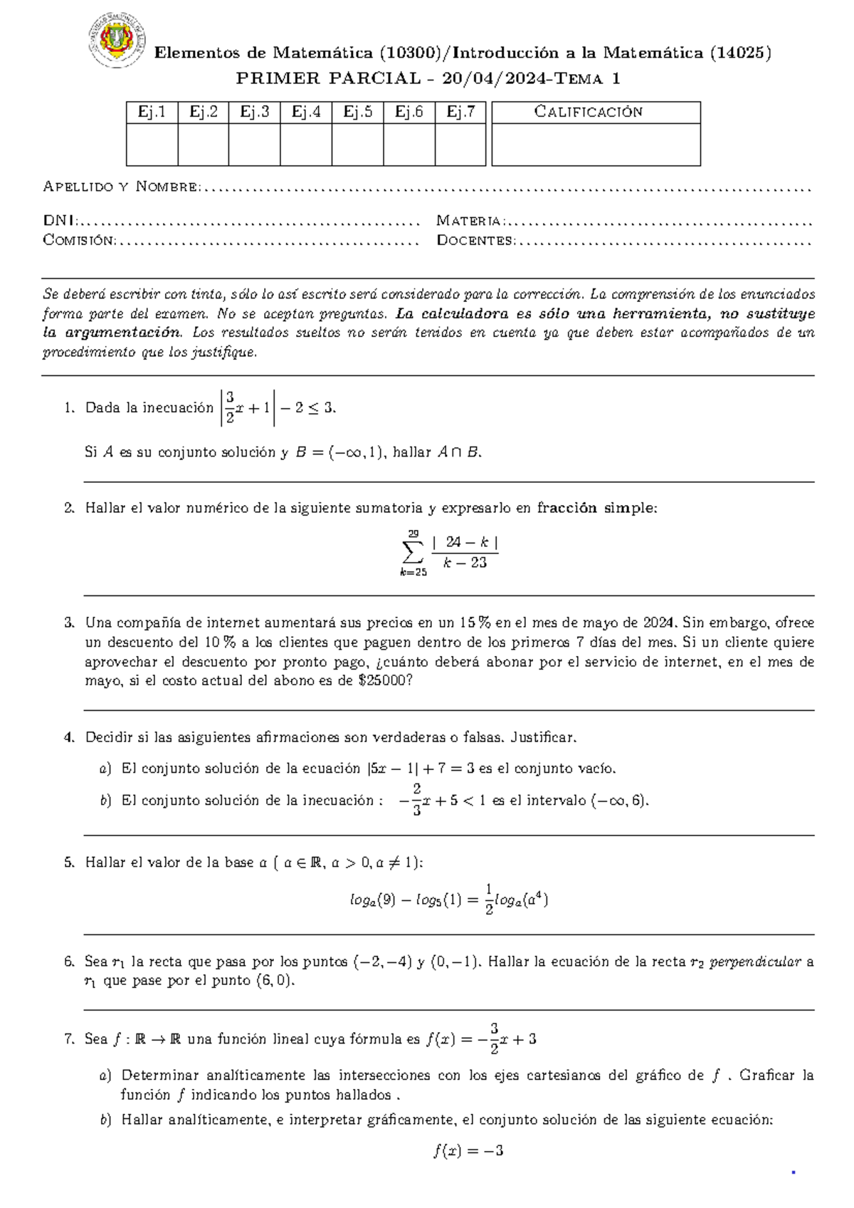 Tema 1 Turno 1 1P Resuelto 2024 piemer parcial - Elementos de Matemática (10300)/Introducción a ...