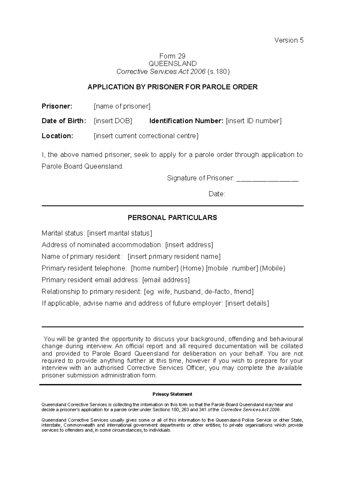 Form 29 application by prisoner for parole order - Version 5 Form 29 ...