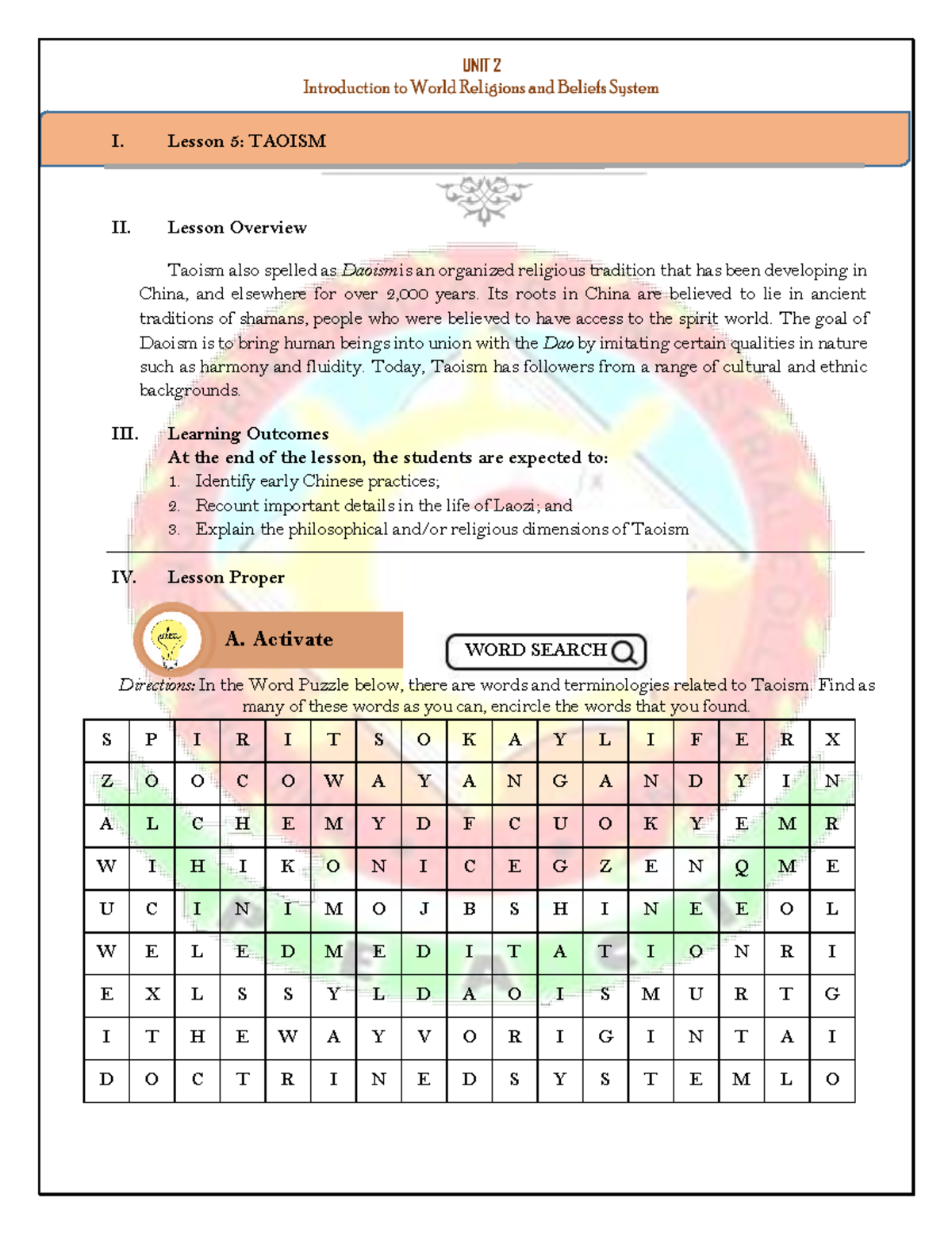 Lesson 5 Taoism - Directions: In the Word Puzzle below, there are words ...
