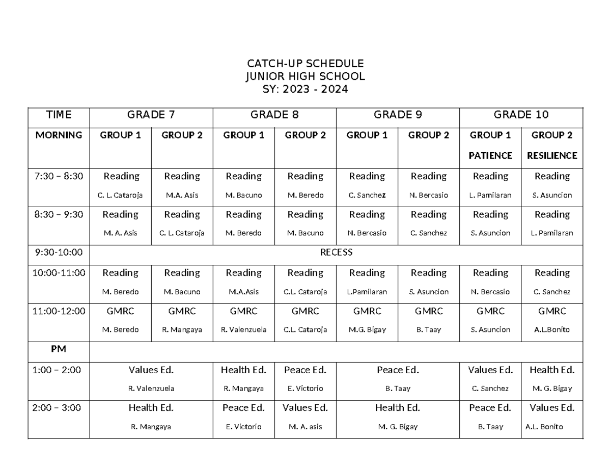 Friday catch up - CATCH-UP SCHEDULE JUNIOR HIGH SCHOOL SY: 2023 - 2024 ...