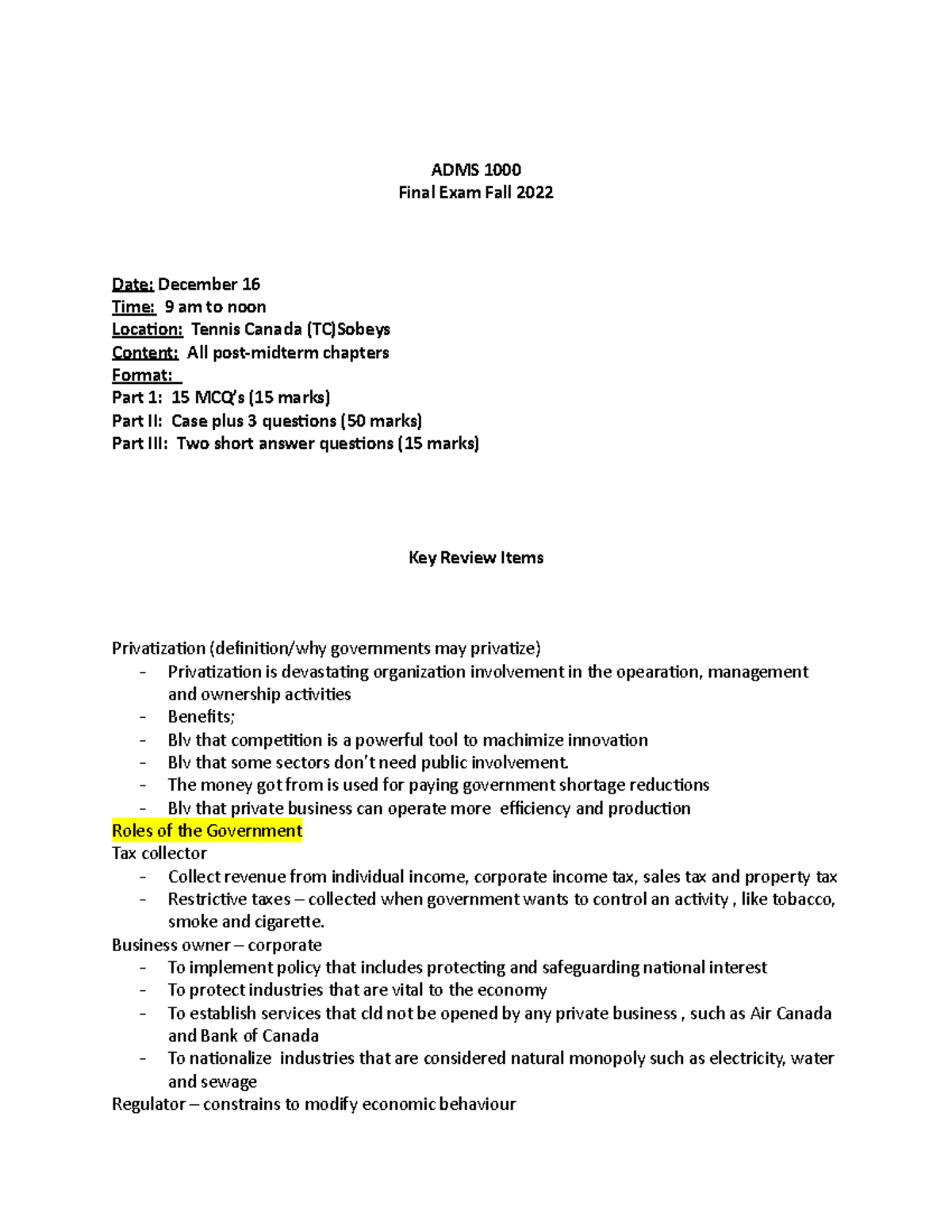 ADMS 1000 final key terms - ADMS 1000 Final Exam Fall 2022 Date ...