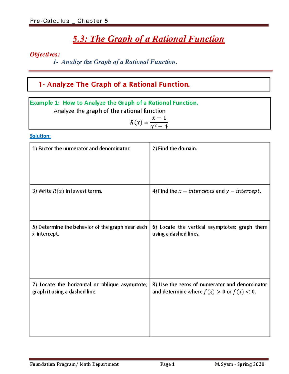 5.3 The Graph of Rational Functions - Spring 2020 - 5: The Graph of a Rational Function ...