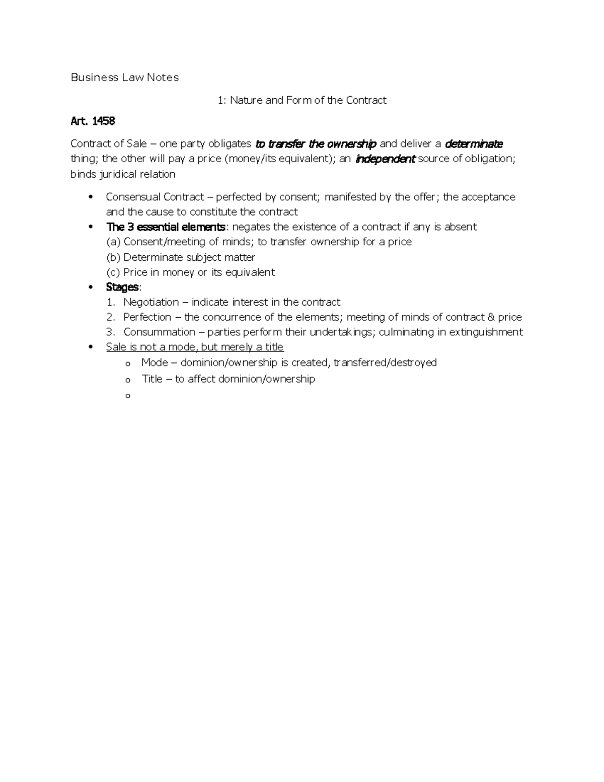 Business Law Notes - none - Business Law Notes 1: Nature and Form of ...