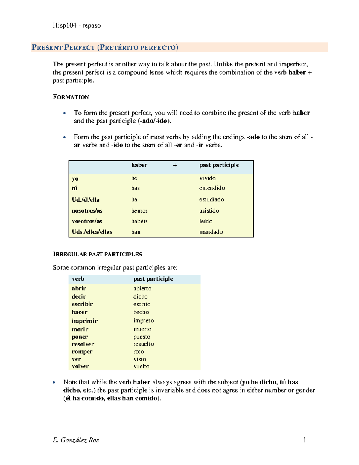 Present Perfect 104 teoria - Hisp104 - repaso E. González Ros 1 PRESENT ...