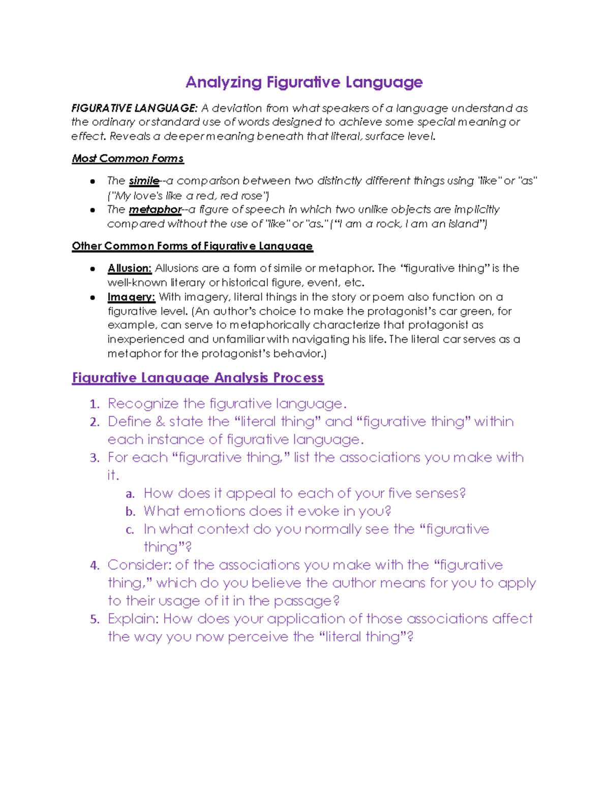Fig Lang Analysis Process - Analyzing Figurative Language FIGURATIVE ...