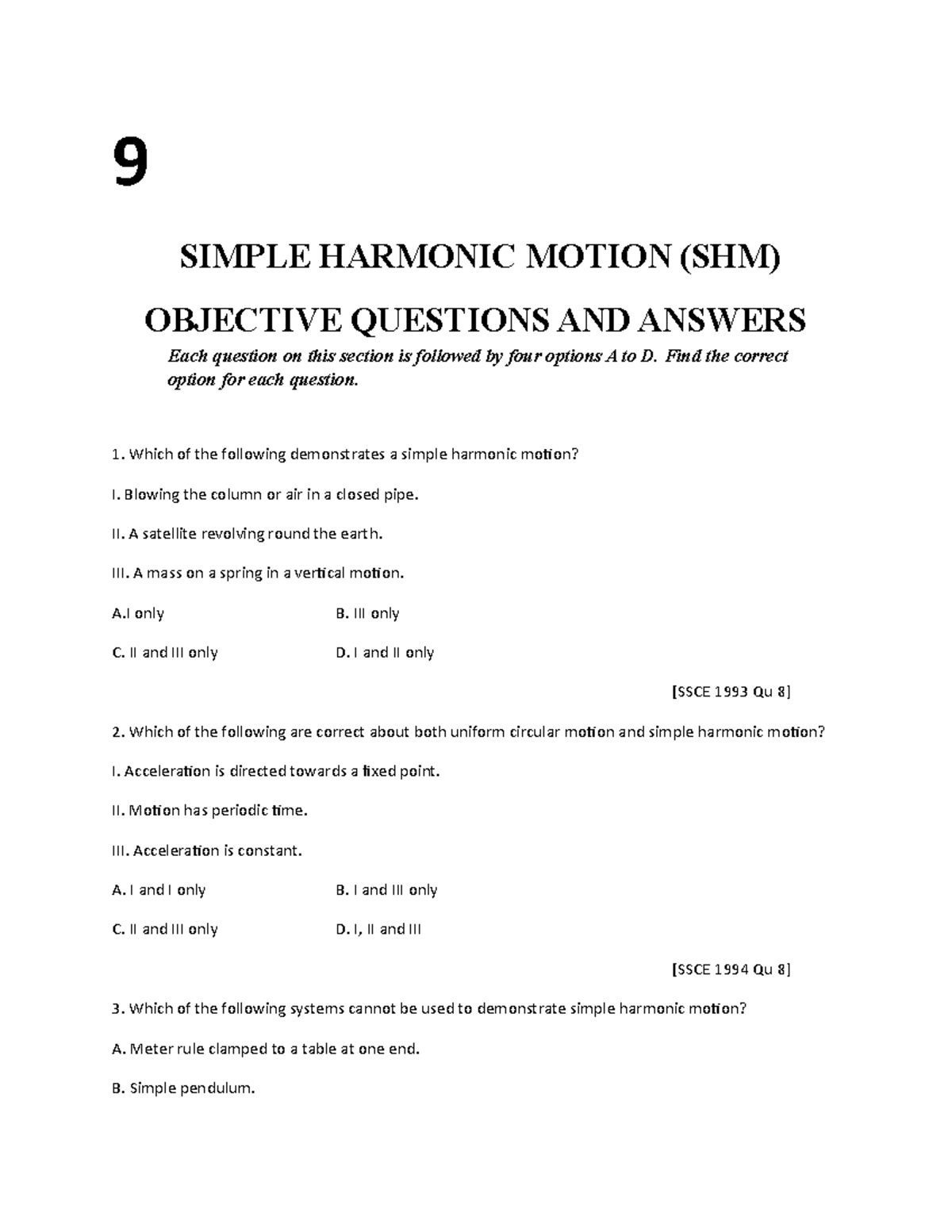 9 SHM - Physics Assignments for a level 100 students. This is a review ...