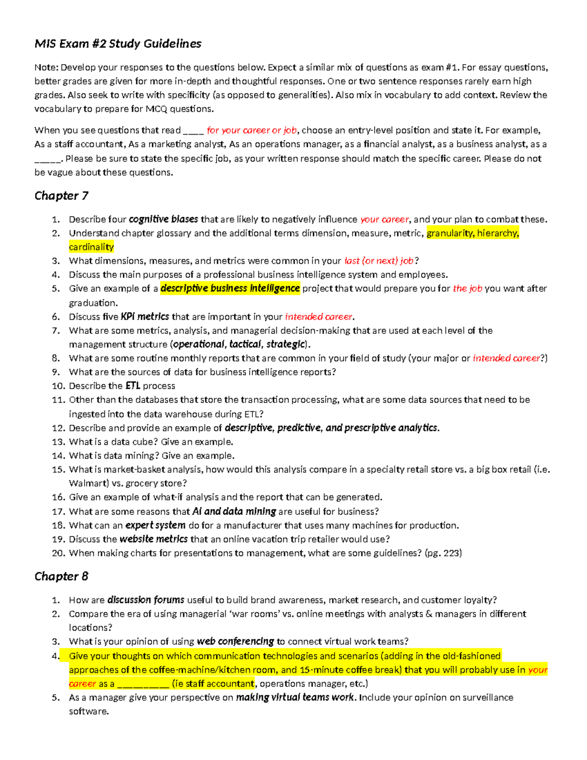 MIS Exam #2 prep - practice exam - MIS Exam #2 Study Guidelines Note ...