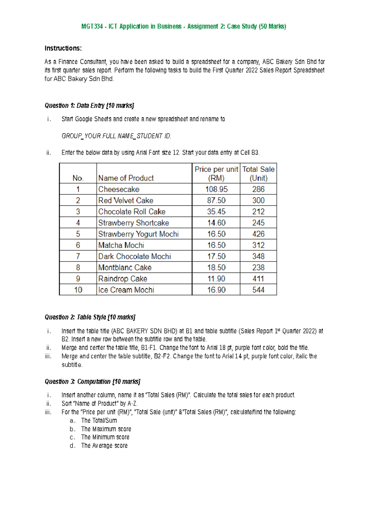 MGT334-Assignment 2-Google Sheets - MGT334 - ICT Application in Business - Assignment 2: Case ...