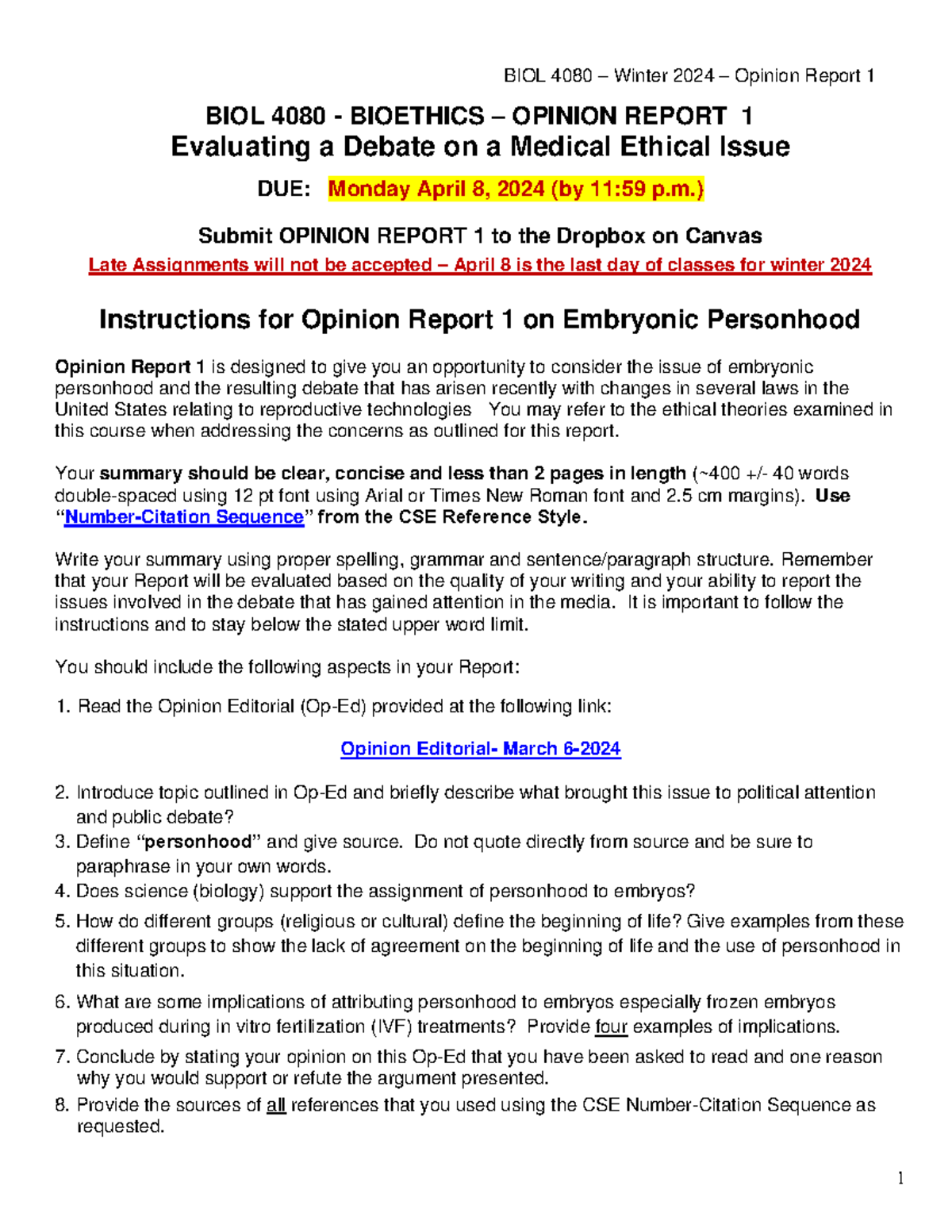 BIO Report 1 Instructions - BIOL 4080 – Winter 20 24 – Opinion Report 1 ...