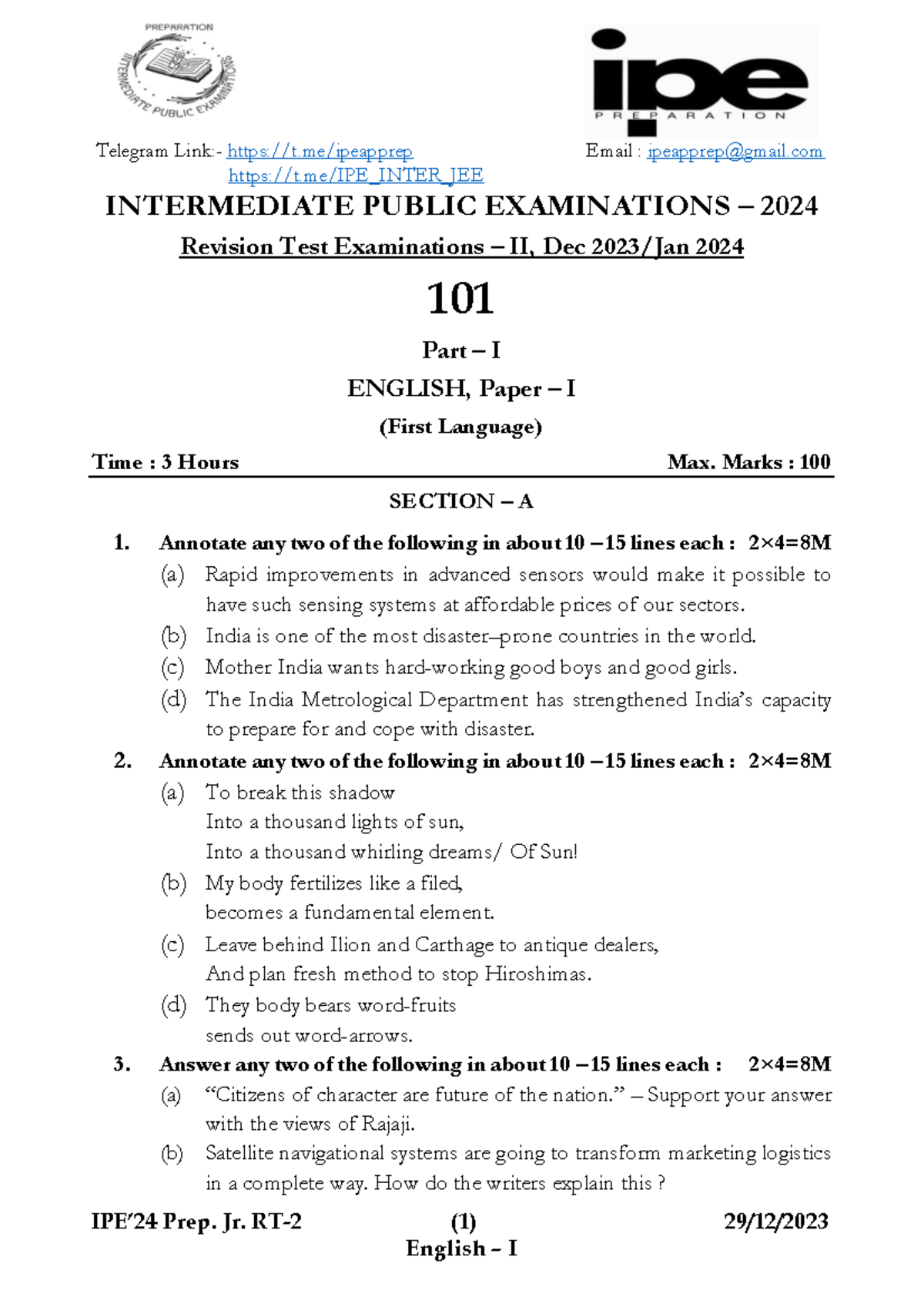 English - I Jr. RT-2 IPE'24 - t/IPE_INTER_JEE IPE’24 Prep. Jr. RT- 2 29 ...