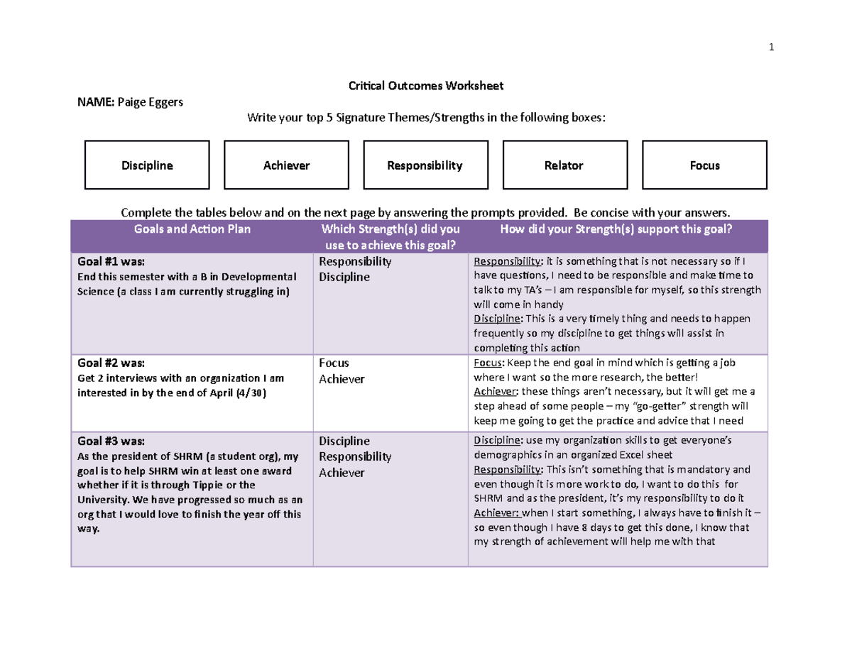 Critical Outcomes Worksheet - 1 Critical Outcomes Worksheet NAME: Paige ...
