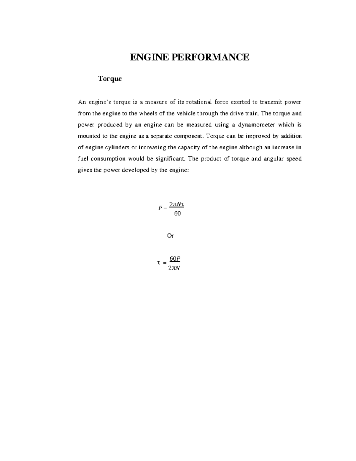 ENGINE PERFORMANCE - ENGINE PERFORMANCE Torque An engine’s torque is a ...