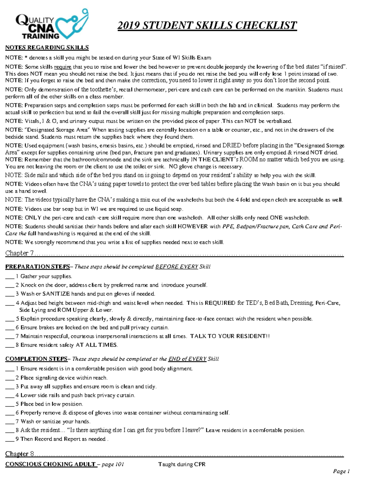 CNA Student- Skills checkoff - NOTES REGARDING SKILLS NOTE: * denotes a ...