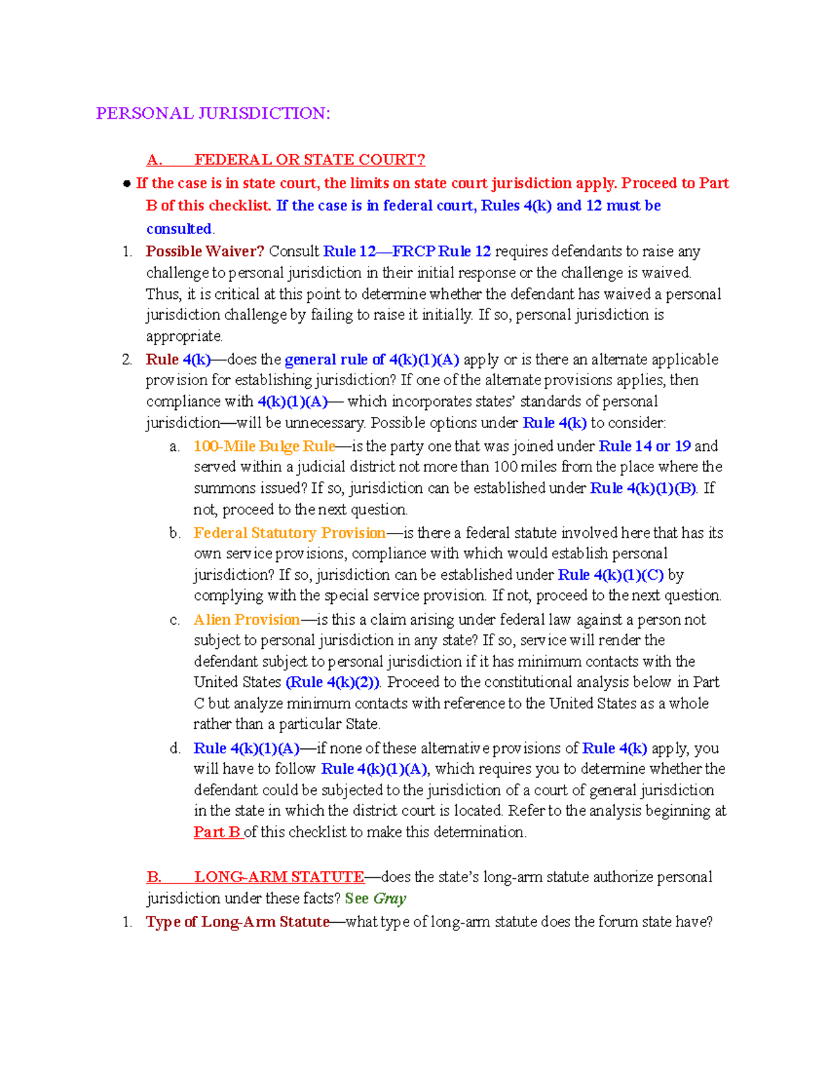 Civ pro checklist - Summary Civil Procedure II - PERSONAL JURISDICTION ...