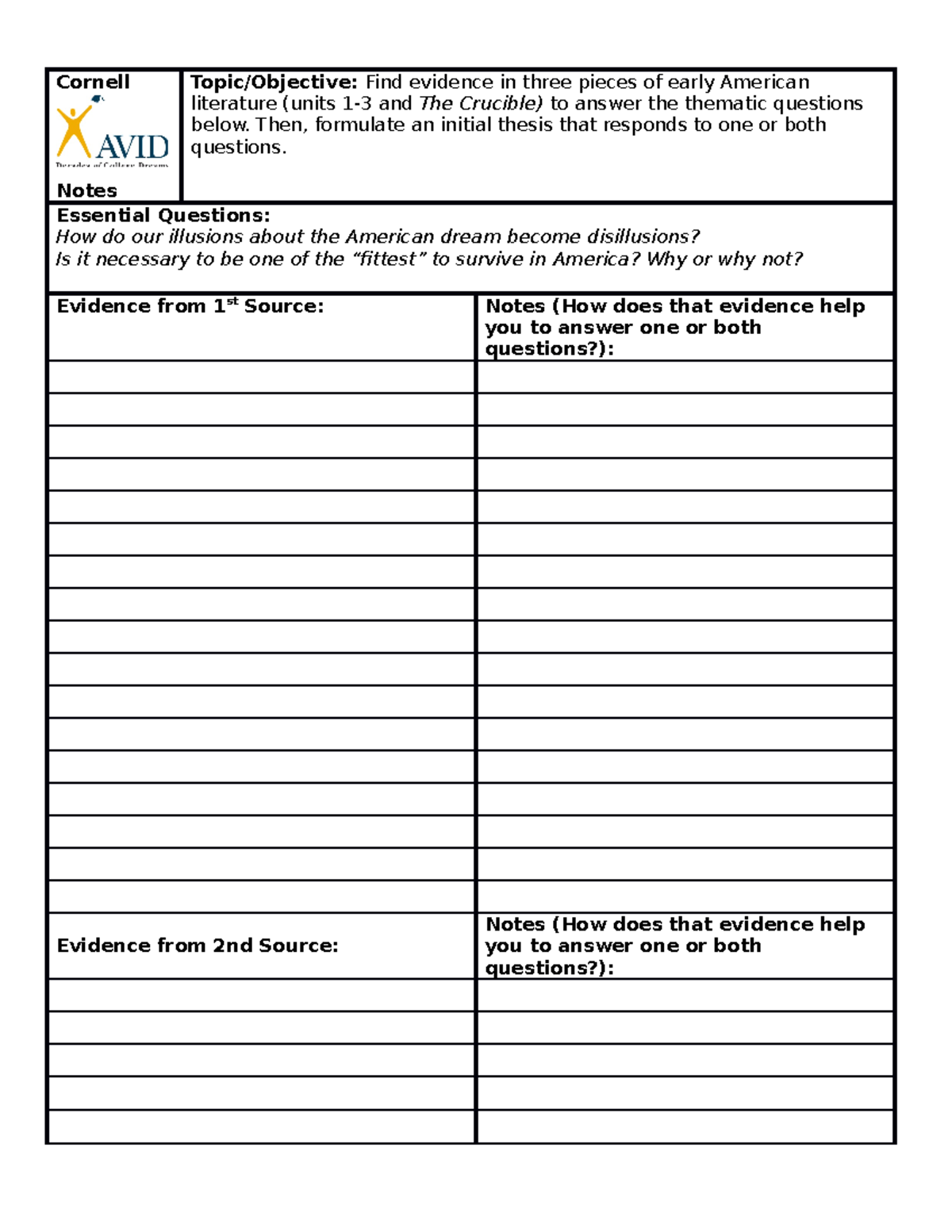 Organizing Evidence For Essay - Cornell Notes Topic/Objective: Find ...