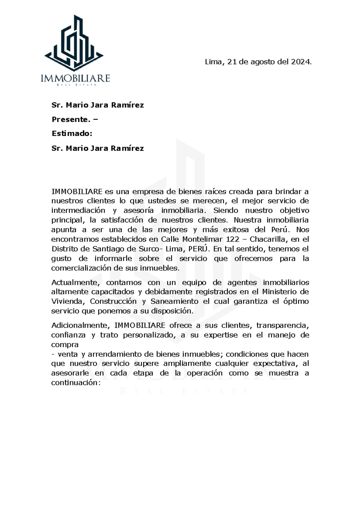 Carta presentacion - Sr. Mario Jara Ramírez Presente. – Estimado: Sr ...