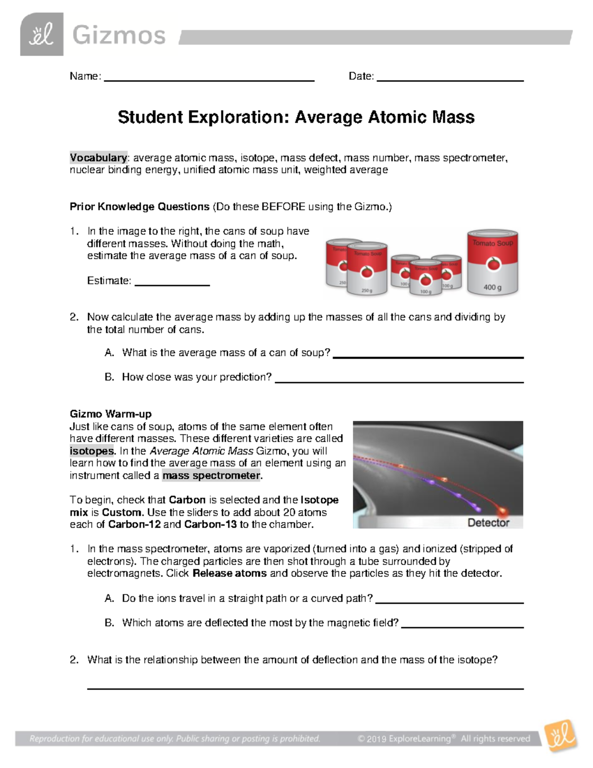 Average Atomic Mass SE - yea - Name: Date: Student Exploration: Average ...