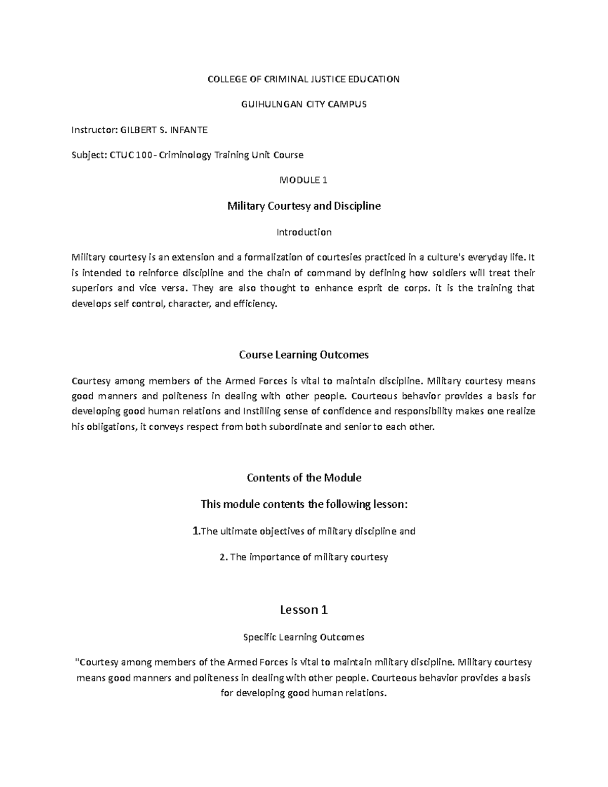 CTUC 100 Criminology Training Unit Course - COLLEGE OF CRIMINAL JUSTICE ...