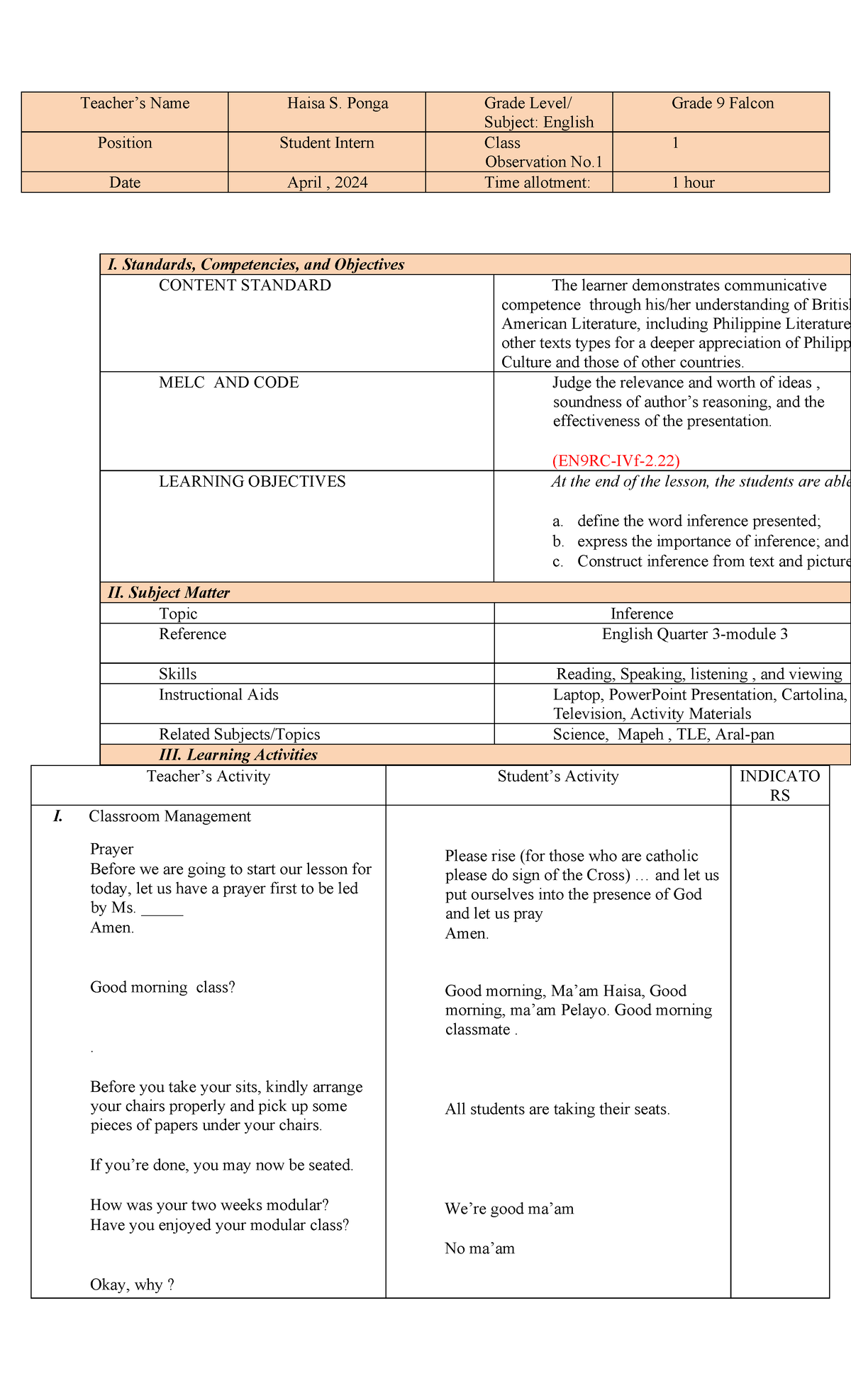 Lesson plan Haisa - Summary major in filipino - I. Standards ...