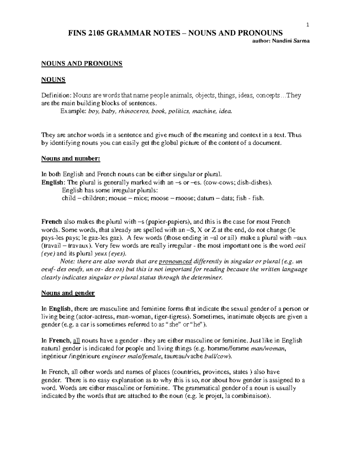 Grammar notes 01 Nouns and pronouns - 1 FINS 2105 GRAMMAR NOTES – NOUNS ...