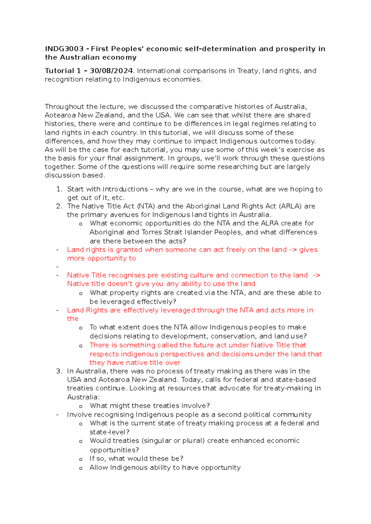 TUTE 1 Indig Economy - This is a review of tutorial one with included ...