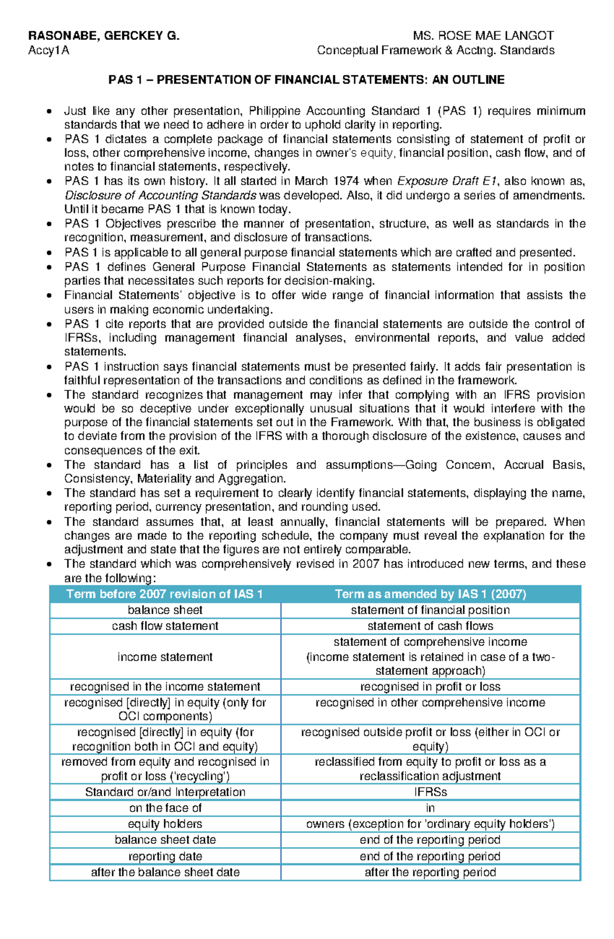 PAS 1 - Outline - RASONABE, GERCKEY G. MS. ROSE MAE LANGOT Accy1A ...