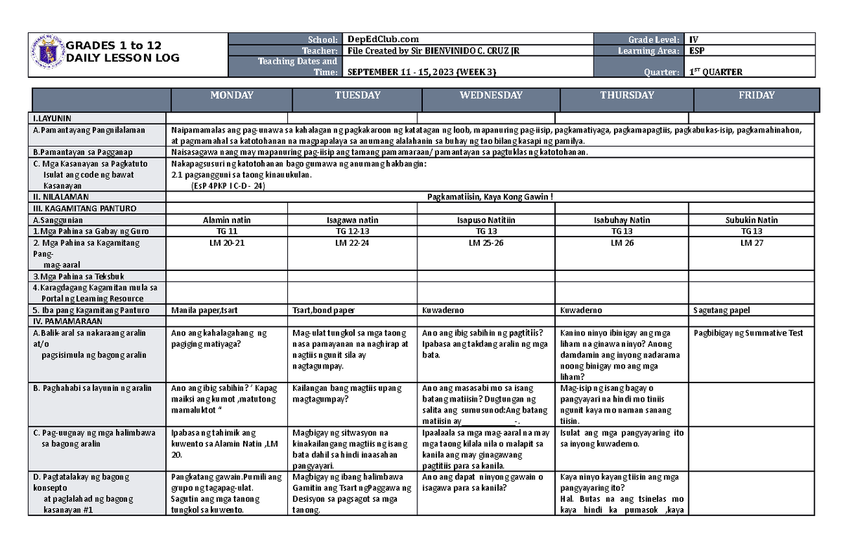 DLL ESP 4 Q1 W3 - notes, exams - GRADES 1 to 12 DAILY LESSON LOG School ...
