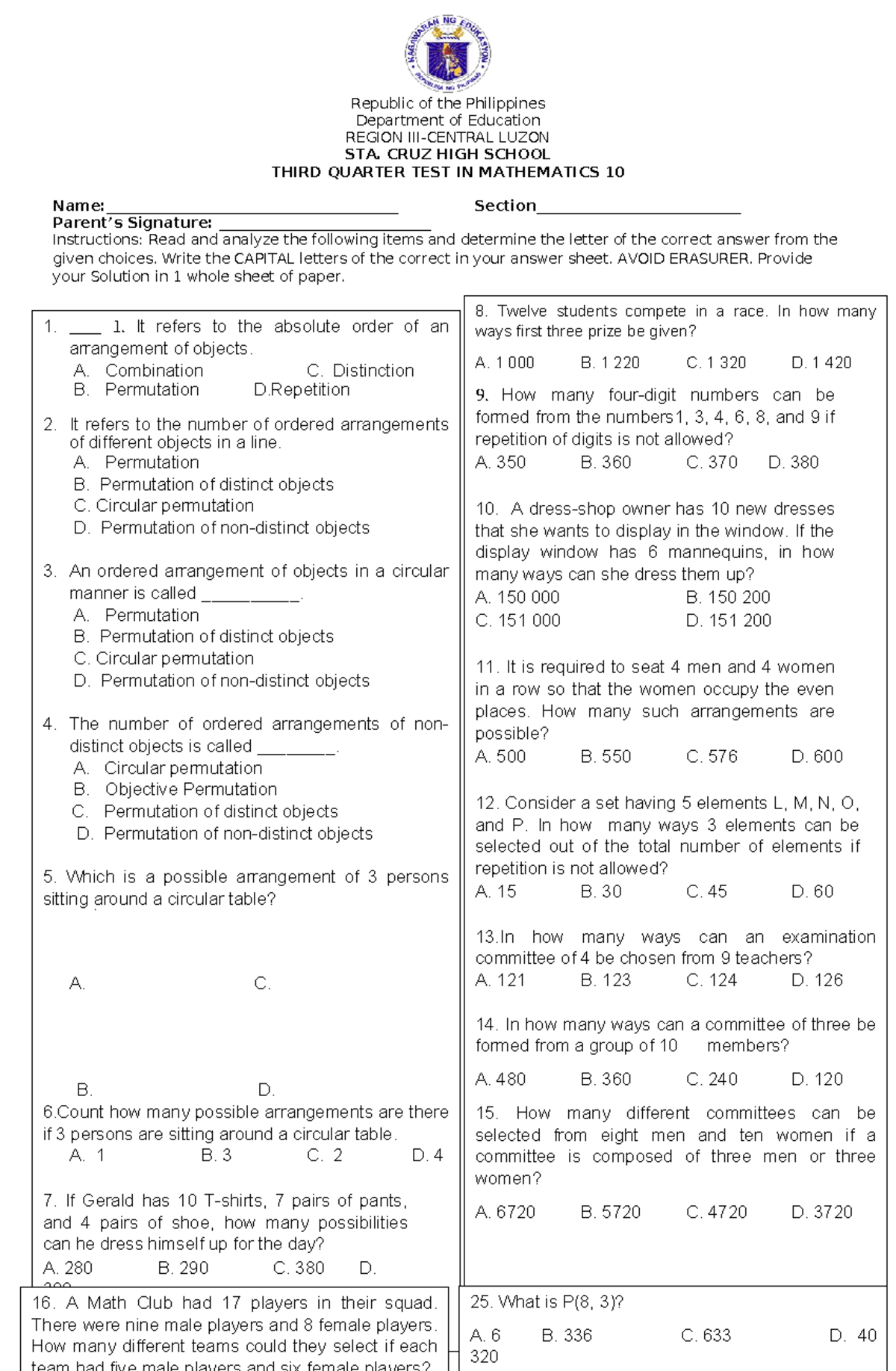 Third quarter TEST IN MATH 10 - Republic of the Philippines Department ...