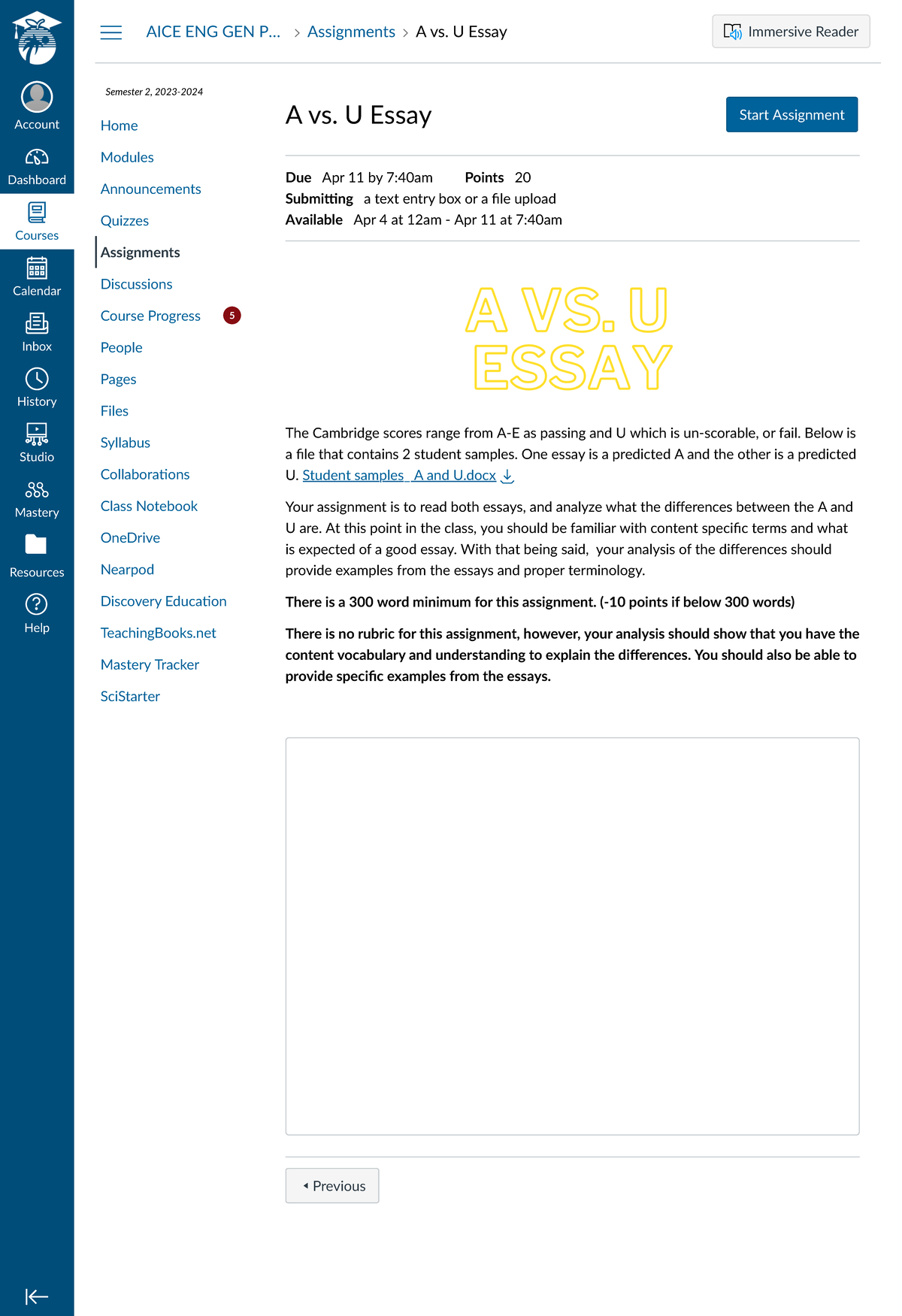 A vs. U Essay - AICE ENG GEN P... Assignments A vs. U Essay Immersive ...