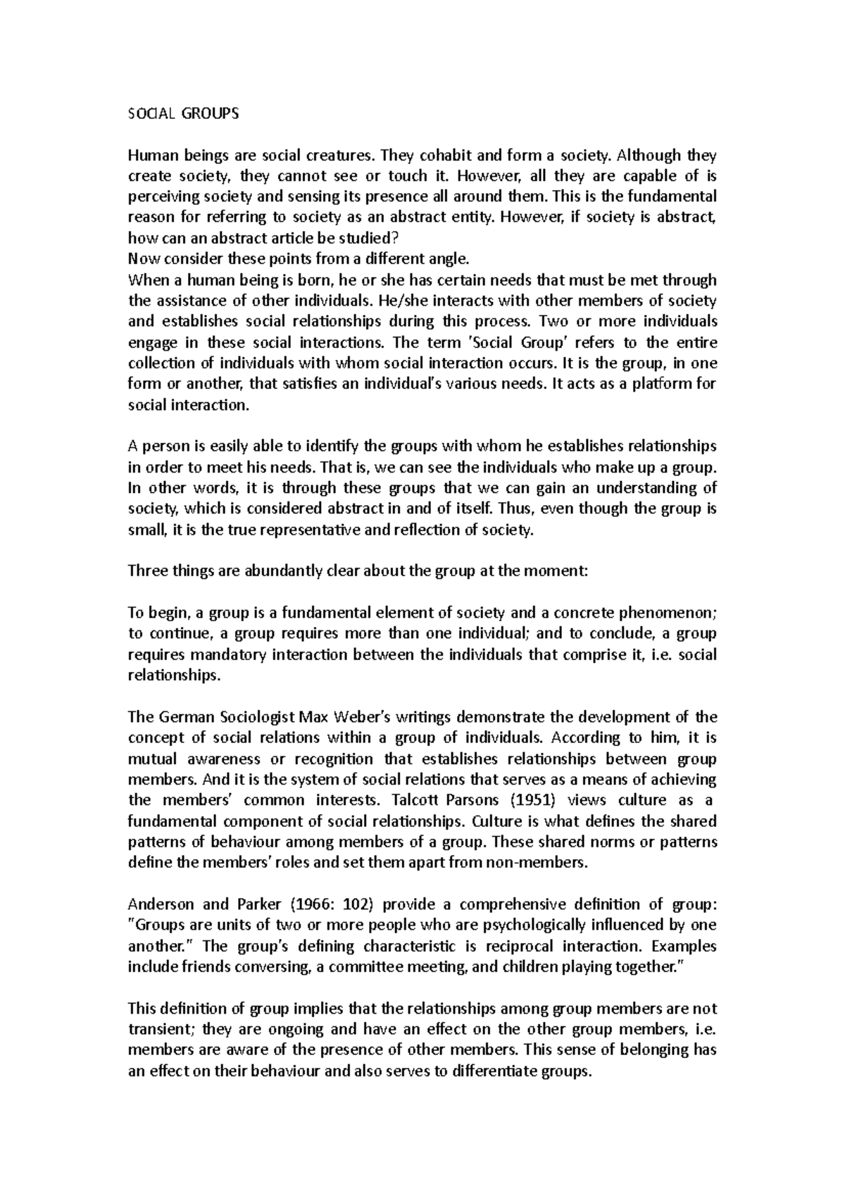 Social Groups - Lecture notes 15 - SOCIAL GROUPS Human beings are ...