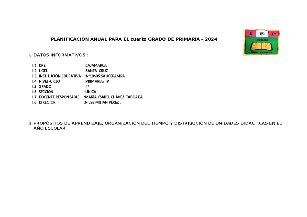 Planificacion Anual 2024 - PLANIFICACIÓN ANUAL PARA EL cuarto GRADO DE PRIMARIA – 2024 I. DATOS ...