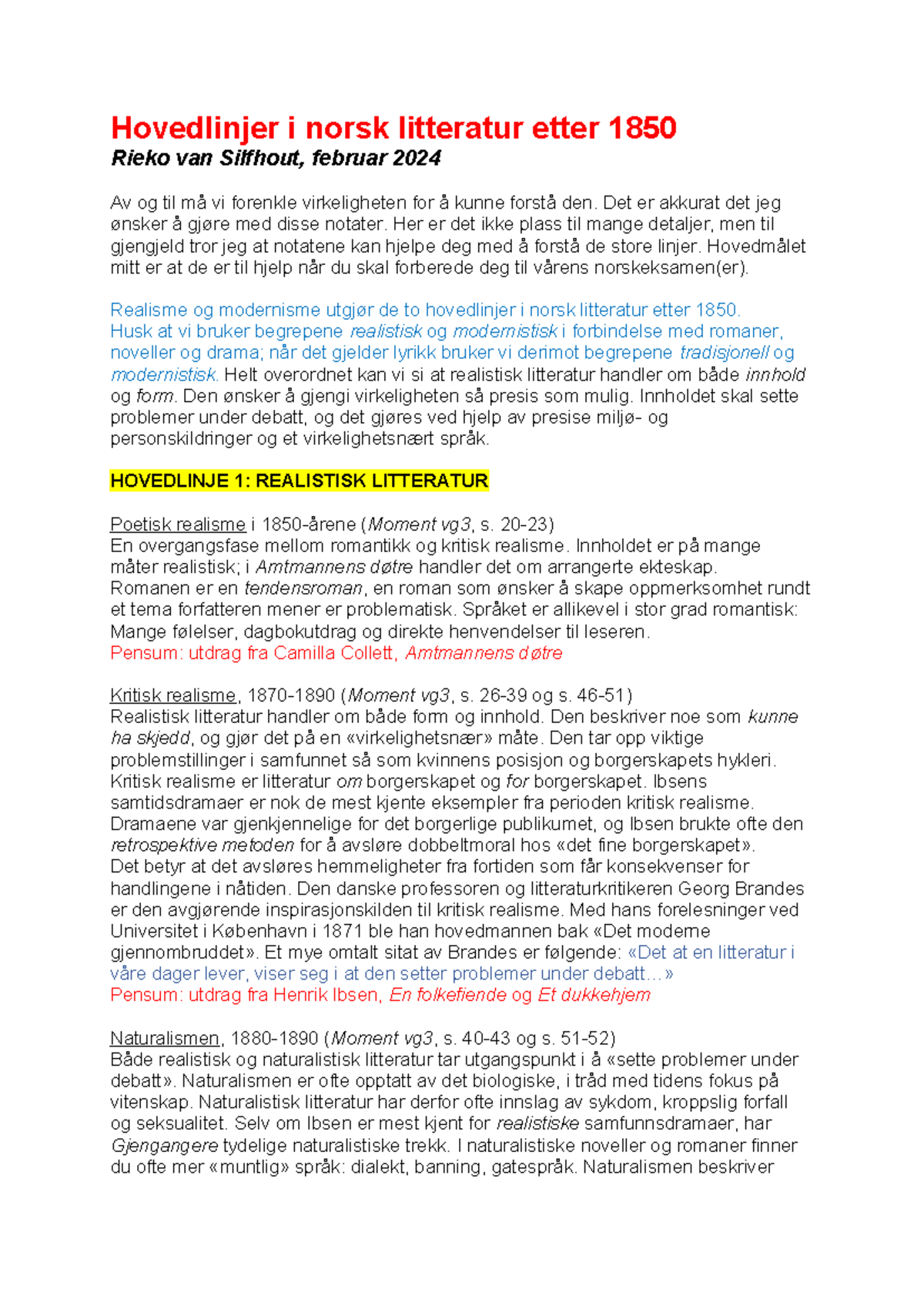 Norsk eksamen 2024 - xxxxx - Hovedlinjer i norsk litteratur etter 1850 ...