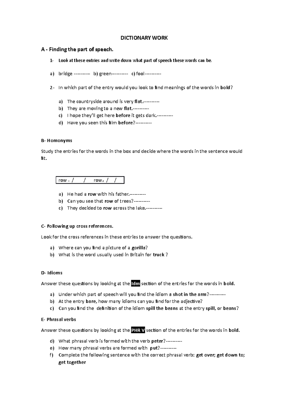 Dictionary work - inglês décimo ano - DICTIONARY WORK A - Finding the ...