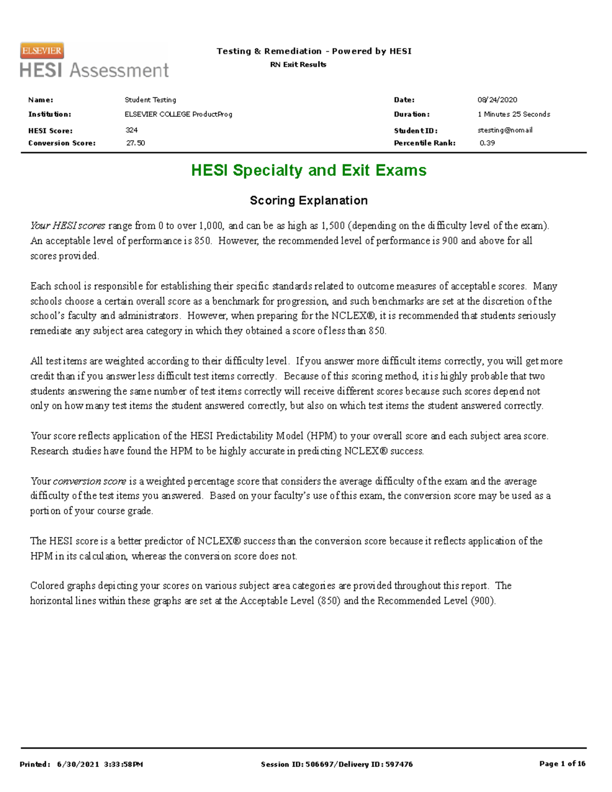 Sample HESI Exit Student Report - RN Exit Results Name: Institution ...