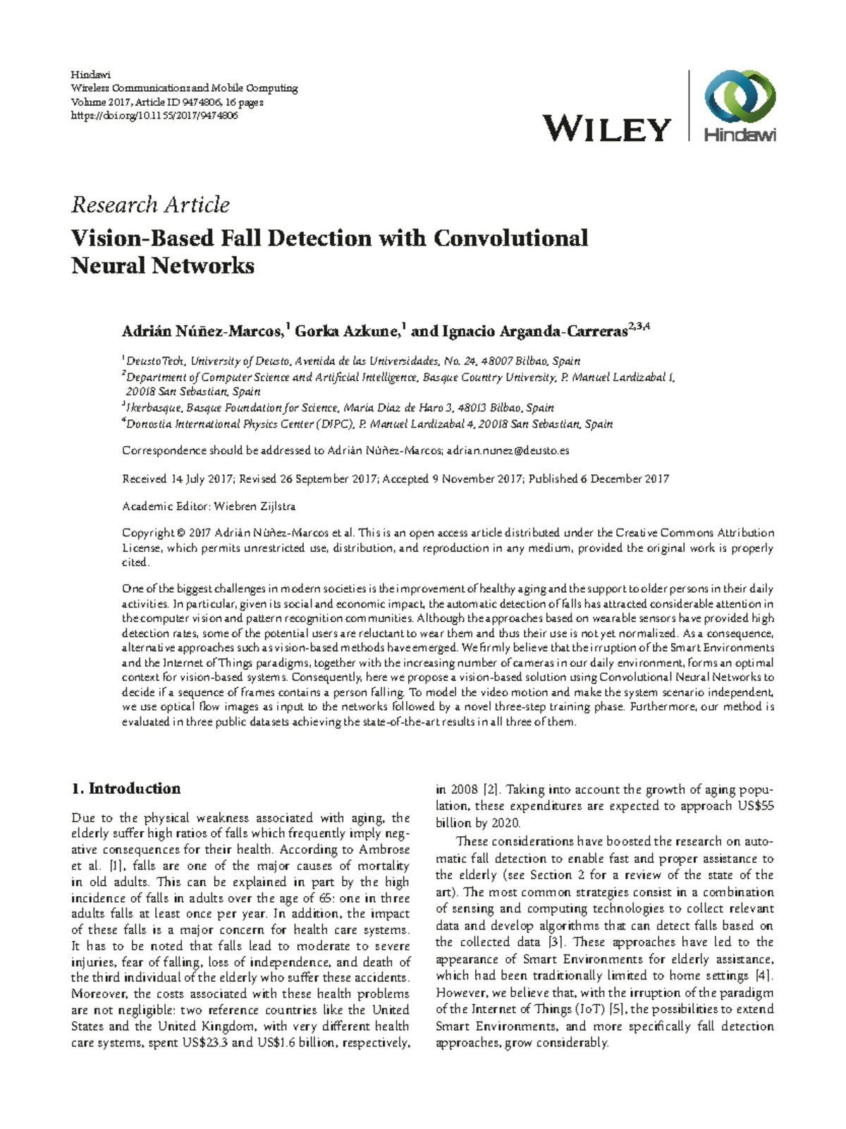 Vision-Based Fall Detection with Convolutional Neural Networks ...