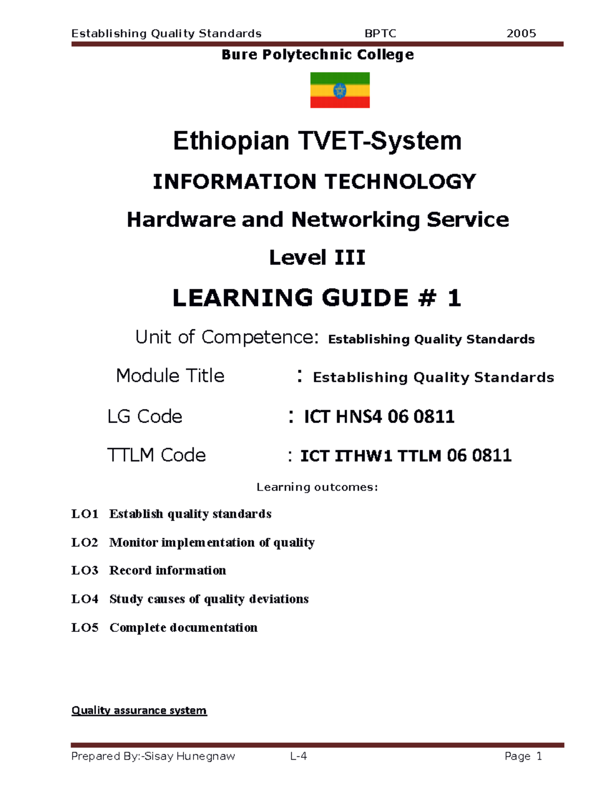 ICT ITS4 12 0811 Establish Quality Standards - Bure Polytechnic College ...