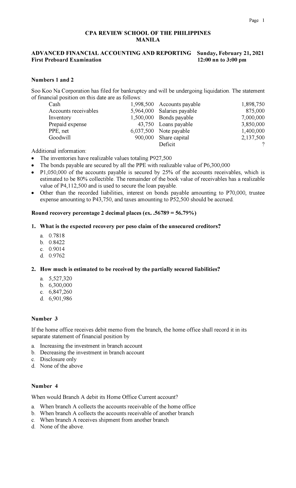 89 - AFAR First Preboard WE - CPA REVIEW SCHOOL OF THE PHILIPPINES ...