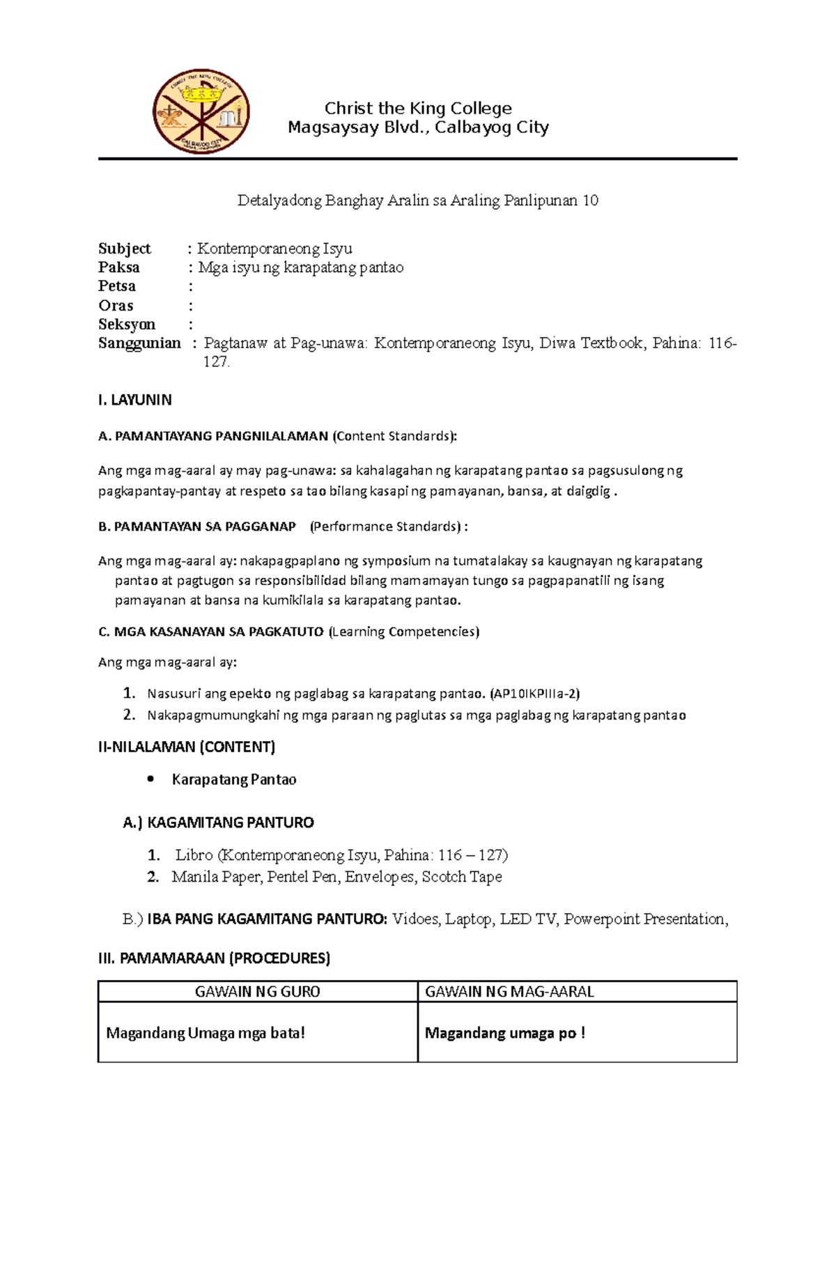 10 parts - Christ the King College Magsaysay Blvd., Calbayog City ...