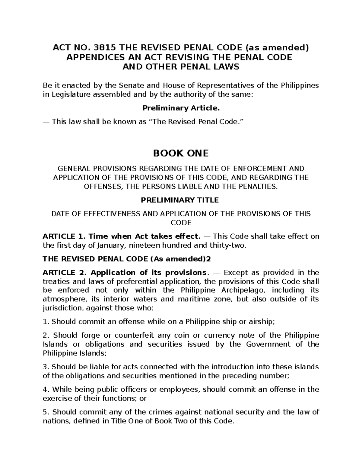 ACT NO 3815 THE Revised Penal CODE As Amended ACT NO 3815 THE