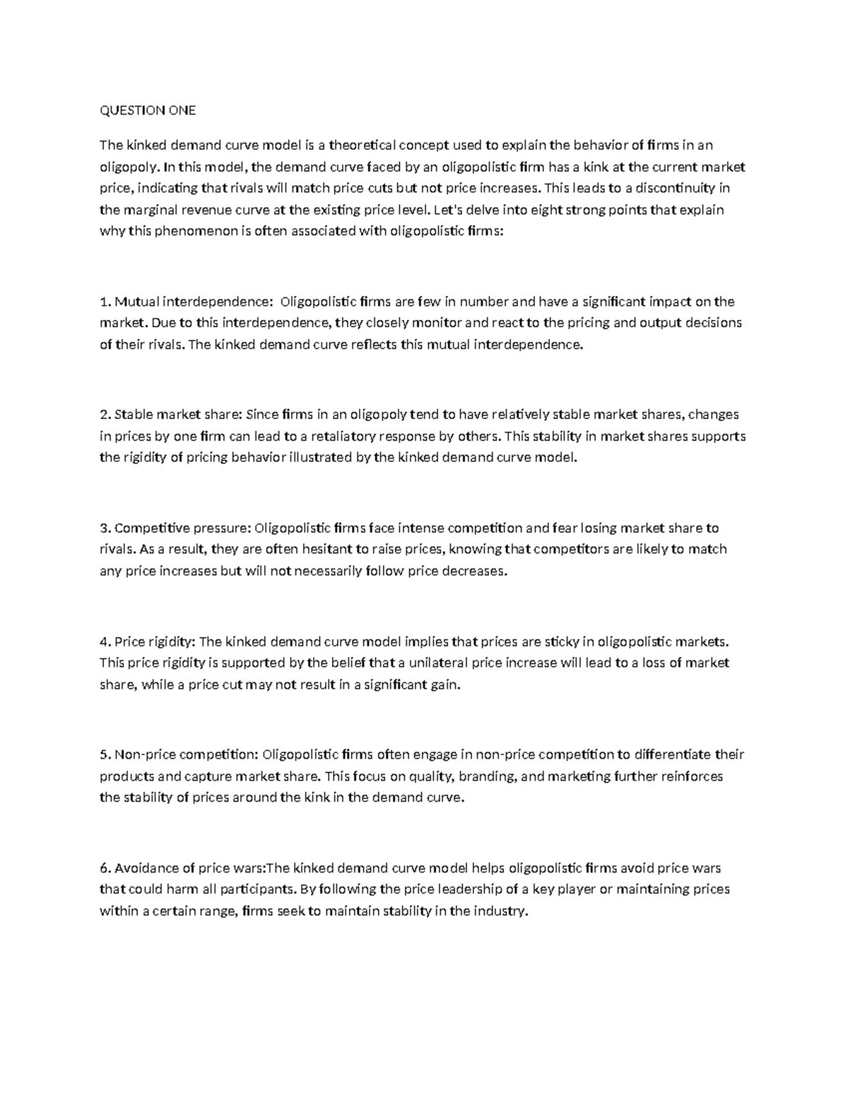 Msengi doc - leaning material - QUESTION ONE The kinked demand curve ...