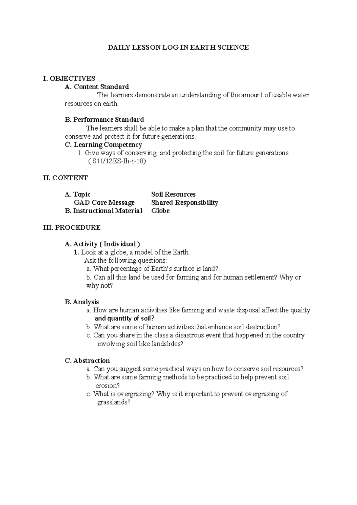 Earth Science 11 Soil Resources - DAILY LESSON LOG IN EARTH SCIENCE I ...