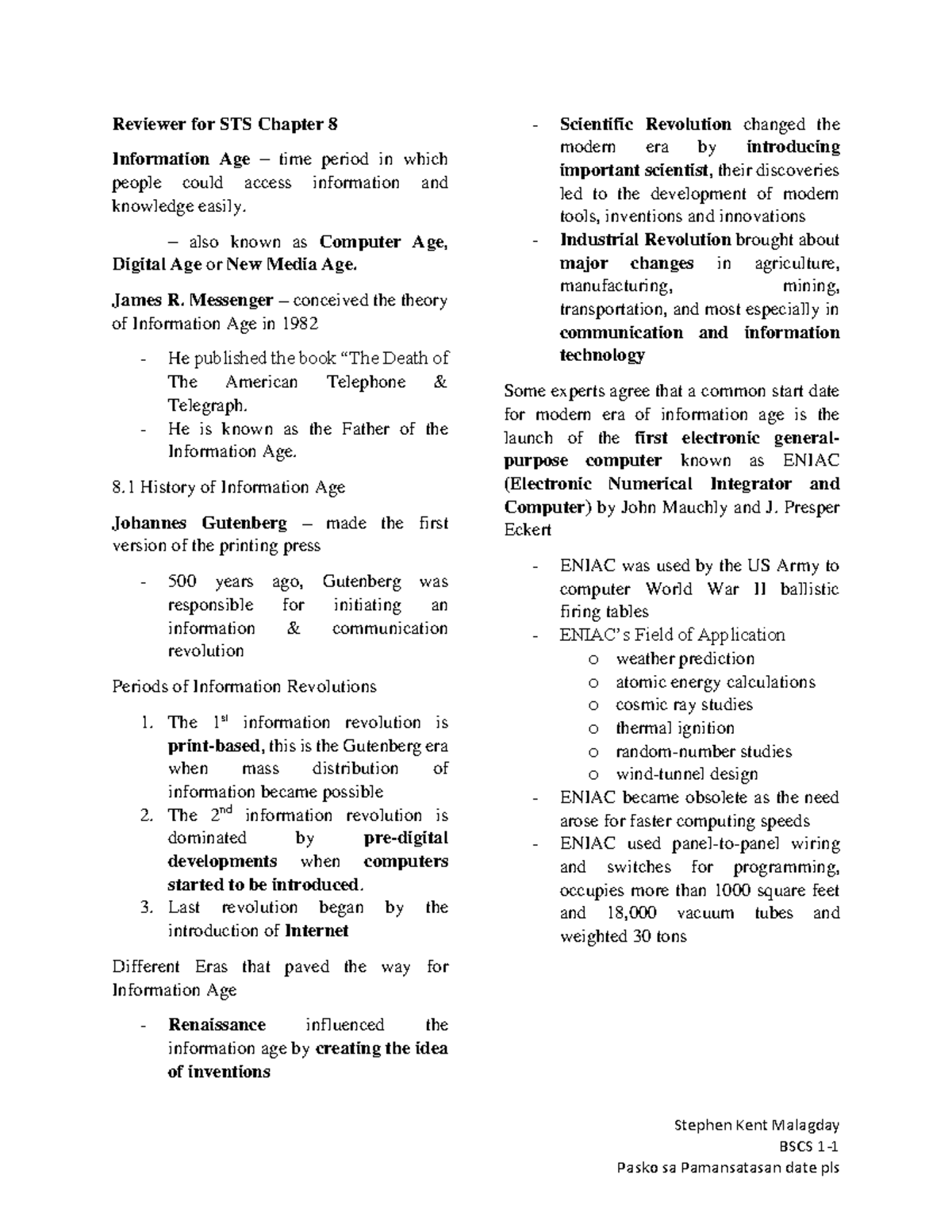 Reviewer for STS Chapter 8 - also known as Computer Age, Digital Age or New Media Age. James R ...