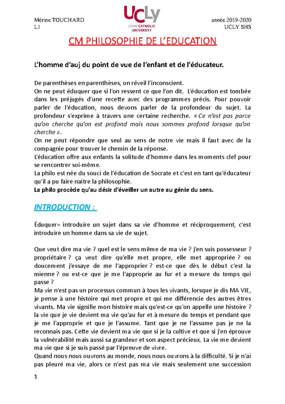 Introduction philo - L1 UCLY SHS CM PHILOSOPHIE DE L’EDUCATION L’homme ...